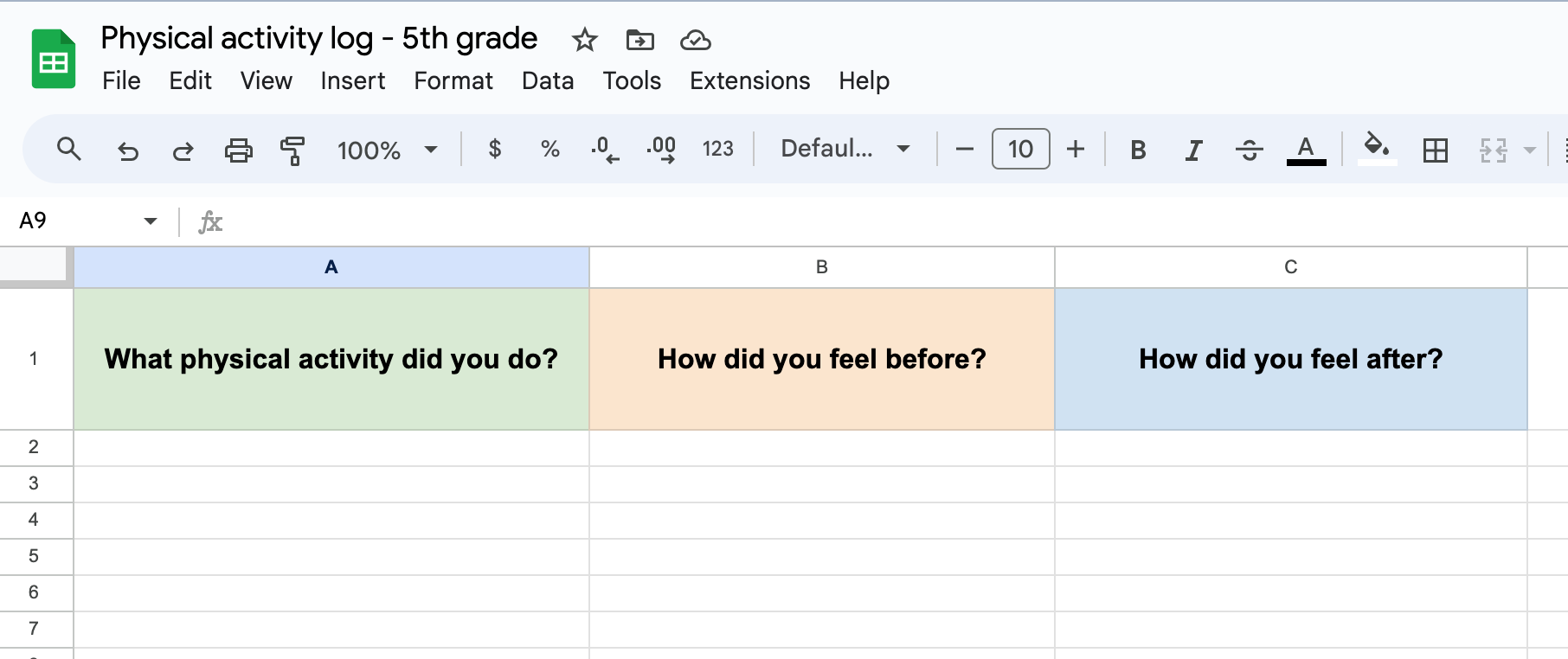 Physical Activity Log Example